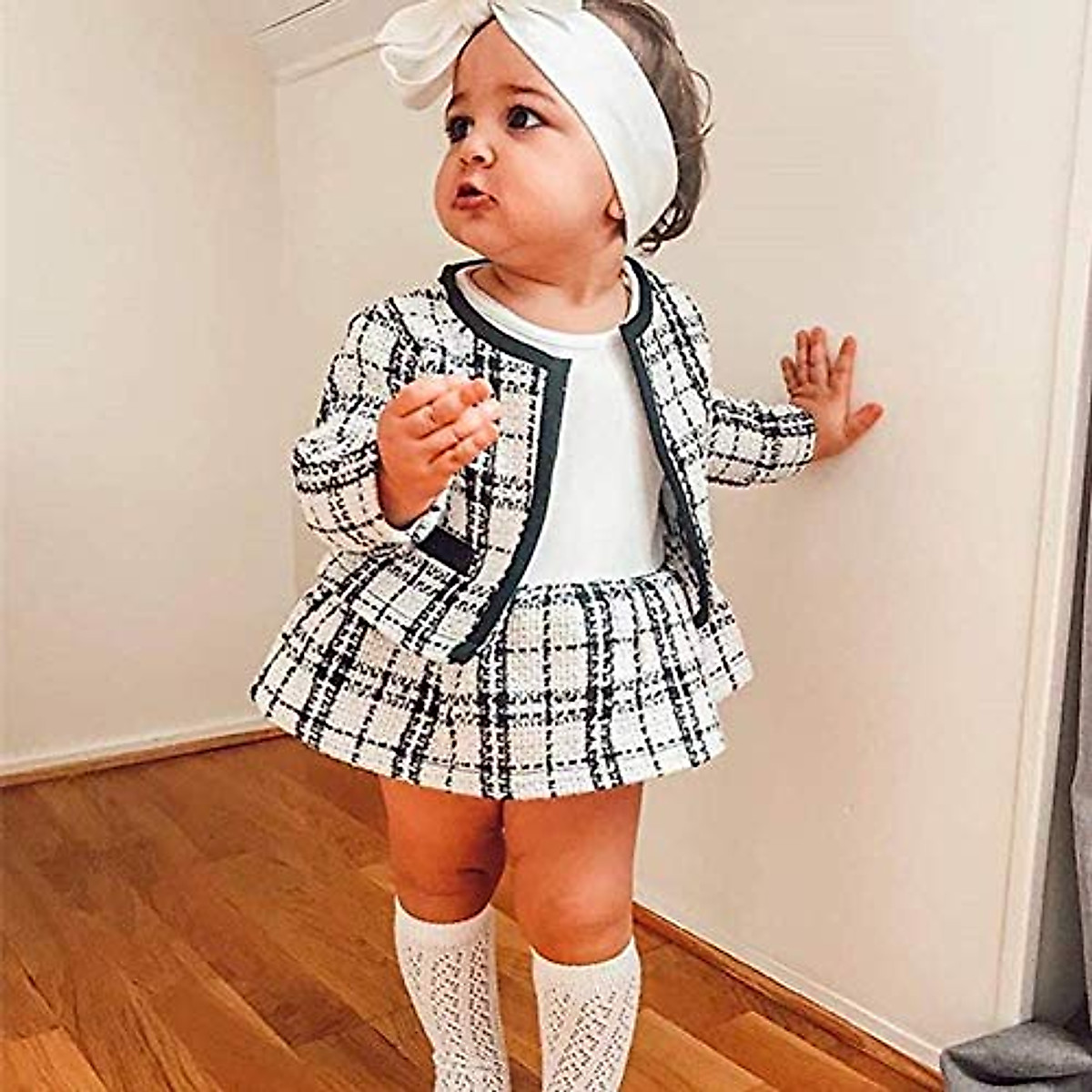 Rtnnsbbfcm Toddler Baby Girl Outfits Plaid Long Sleeve Tops Cardigan +Short Skirt Fall Winter Clothes