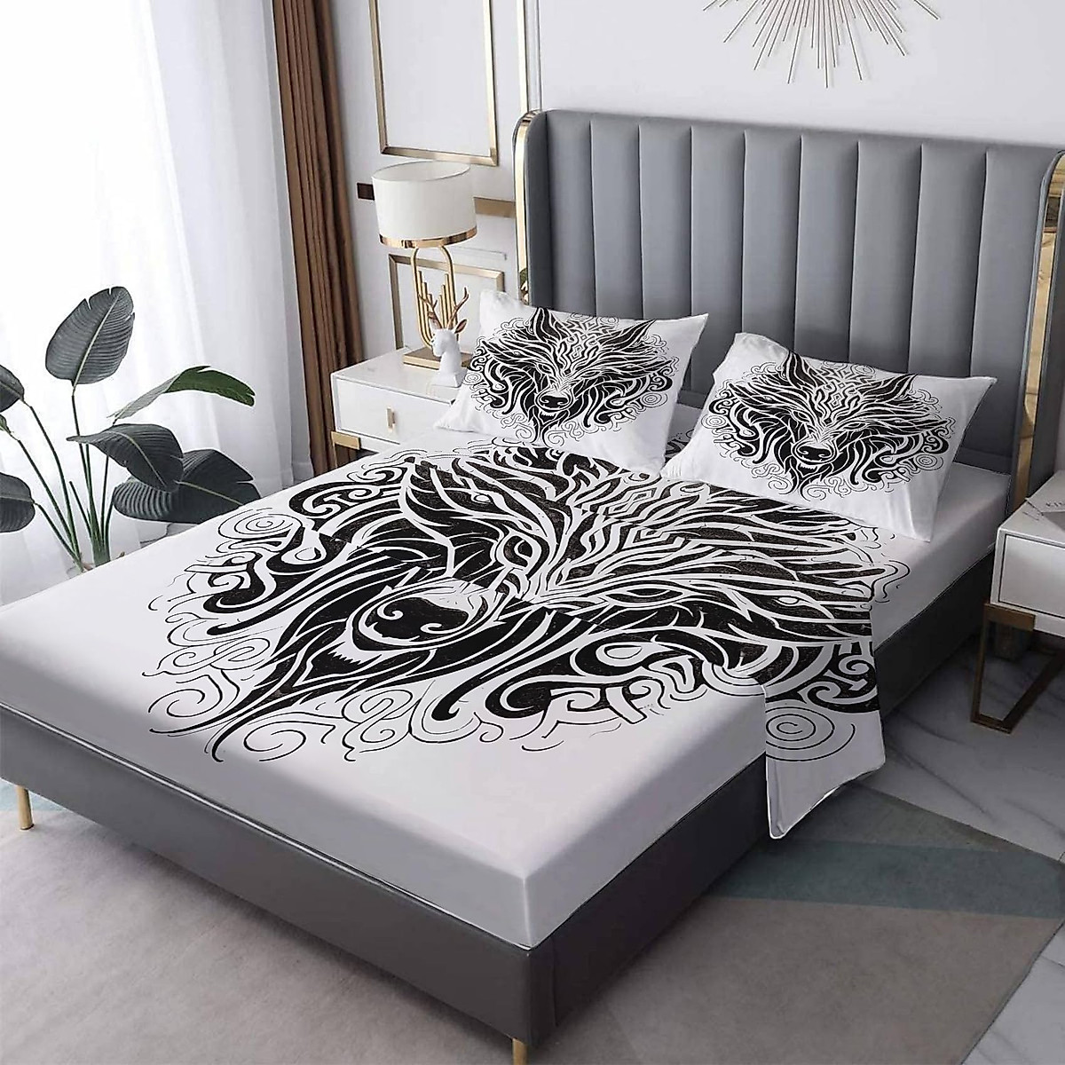 Viking Wolf Sheets Full Size Sheet Sets - Norse Mythology Bed Sheets, Soft Microfiber & Deep Pocket & Wrinkle Free Patterned Bedding Sheets & Pillowcases, 1 Fitted Sheet, 1 Flat Sheet, 2 Pillow Cases