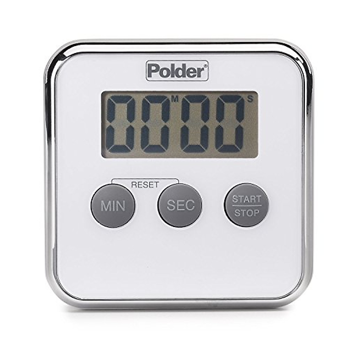 Polder Digital Kitchen Timer, Extra Large LCD Display, Magnet for Vertical Mounting and Tabletop Stand for Countertop, White