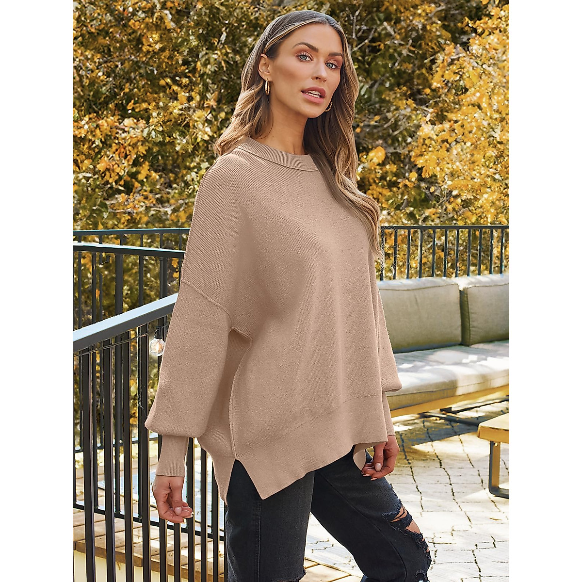 LILLUSORY Women's Oversized Batwing Sweaters 2024 Fall Outfits Crewneck Ribbed Knit Side Slit Trendy Pullover Tops DarkApricot M