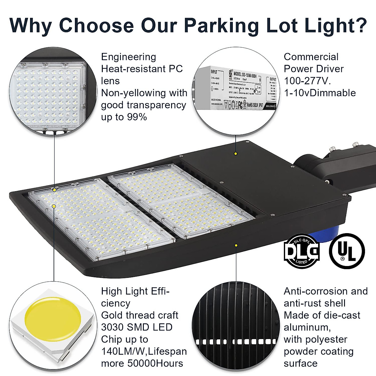 300W LED Parking Lot Light with Dusk to Dawn Photocell 42000 LM 5000K 1-10V Dimmable LED Shoebox Area Light (1000W HID/HPS Equivalent), Yoke Mount 100-277V AC IP65, UL&DLC Listed