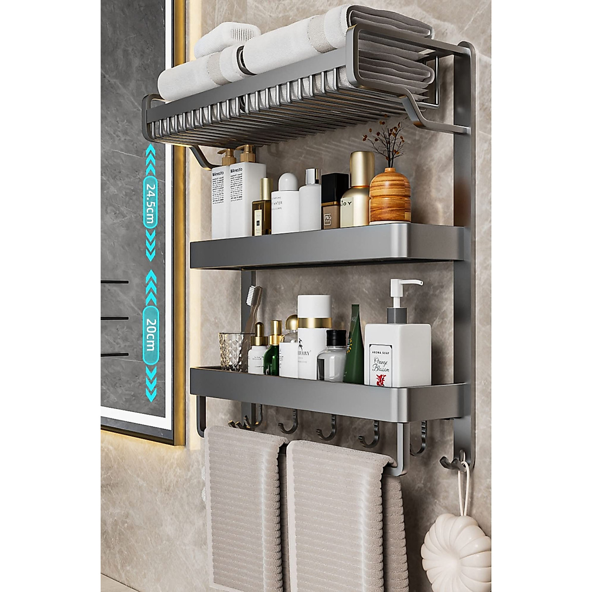 SEIFE Wall Mounted Towel Rack Shelf Stud Mount Double Towel Rack for Bathroom Stainless Steel Constructed Rust-Proof Shelf with Built-in Bars and Hooks Brushed Nickel Wall Mounted Bathroom Shelves (C