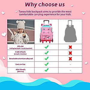 Tanou Girls Rolling Backpack with 6 Wheels, 16 Inch Lightweight Roller Backpacks for Girls Elementary, Carry-on Wheeled Backpack for School Travel, Over 4 Years Old, Pink Purple