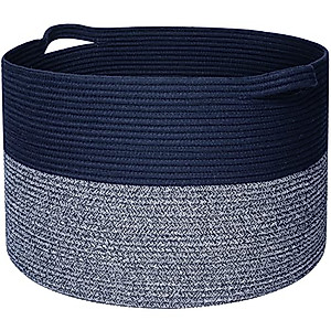 MINTWOOD Design Extra Large 22 x 14 Inches Blanket Basket Living Room, Laundry Basket, Woven Basket, Toy Storage Baskets Bin, Decorative Round Cotton Rope Basket for Pillows, Towels, Navy Blue