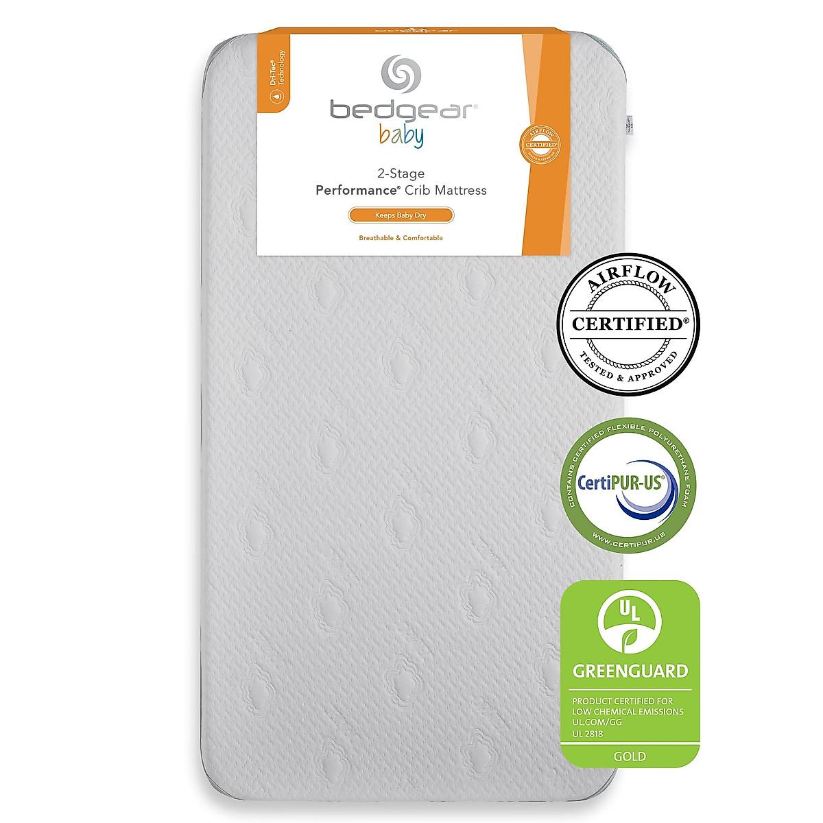 Bedgear Baby Dri-Tec 2-Stage Moisture Wicking Crib Mattress – CertiPUR-US Certified and Airflow Certified - Hypoallergenic - Waterproof Removable and Machine Washable Cover
