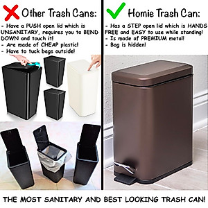 Homie Soft Close, Rectangular Trash Can 5L with Anti - Bag Slip Liner and Lid, Use as Mini Garbage Basket, Slim Dust Bin, or Decor in Bathroom, Restroom, Kitchen, or Bedroom (Bronze)
