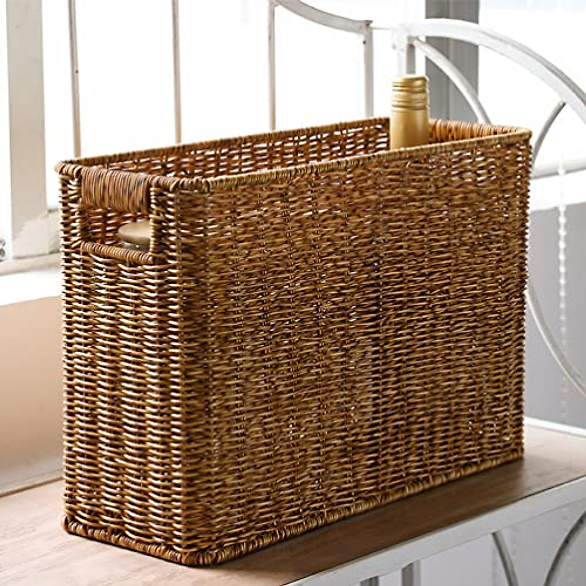 Zerodeko Imitation Rattan Hand Woven Magazine Basket, with Handles, Plastic Storage Basket Magazine Wicker Basket Hollow Handle Basket Desktop Magazine Holder