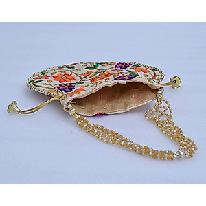 Truesellershop Designer Embroidered Potli Bag for Women Indian Ethnic Embroidered Printed Silk Batwa Pearls Handle Purse Clutch Off White