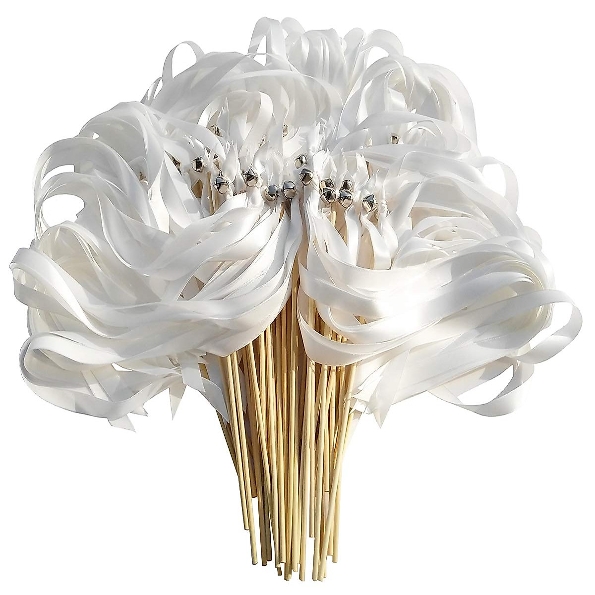 50PCS Ribbon Wands with Triple Ribbon and Silver Bell Party Wand Party Favors Streamers Ribbon Sticks Magic Fairy Wands for Wedding Decors