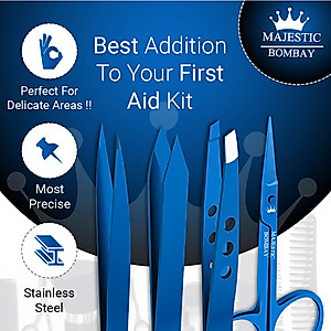 Precision Personal Grooming Set Professional Quality Stainless Steel Luxury Tweezers + Nail Scissor in Titanium Blue Perfect for Ingrown Hair, Eyebrow Hair, Nose and Facial Hairs Great for Splinters