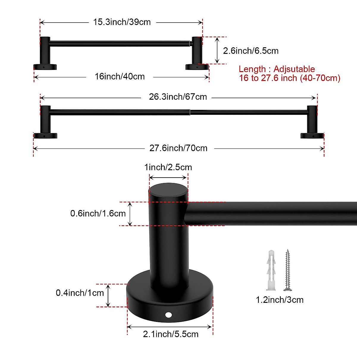 2 Pack Adjustable 16 to 27.6 Inch Single Towel Bar, iMomwee Oil Rubbed Black Finished SUS304 Stainless Steel Bathroom Towel Rod, Wall Mount Towel Rail with S Hooks for Kitchen Washroom (1" Diameter)