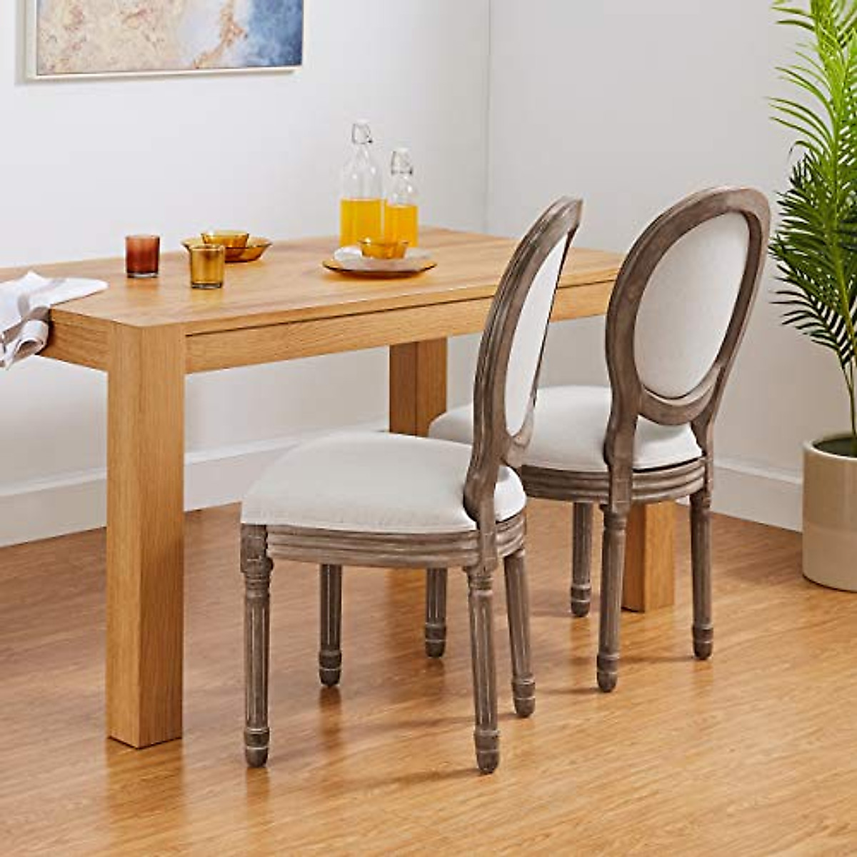 CangLong Farmhouse Dining Room Accent Chairs, French Distressed Bedroom Chairs with Round Back, Elegant Kitchen Chairs Side Chair, Set of 2, Fabric Back in Beige