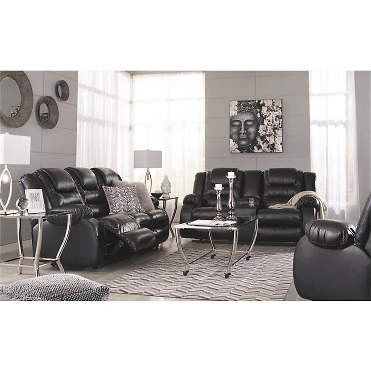 Signature Design by Ashley Vacherie Faux Leather Manual Pull-Tab Double Reclining Loveseat with Center Console, Black
