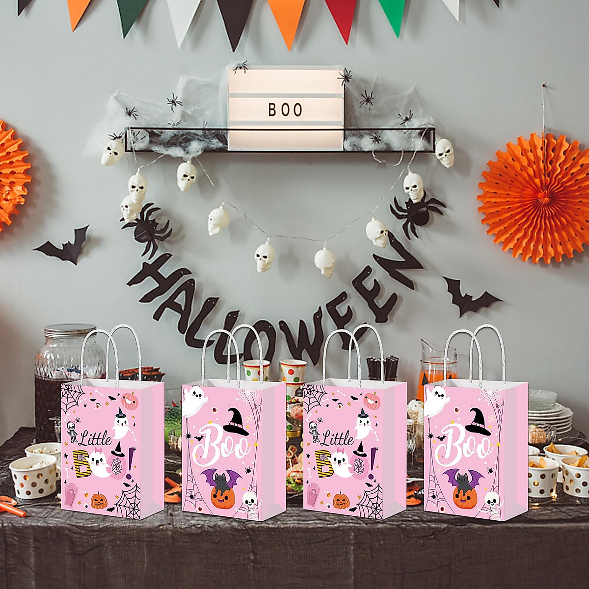 HABDJILTY 20PCS Pink Halloween Party Gift Bags,Little Boo Halloween Candy Treat Bags with Tissue Paper for Boo Theme Birthday Baby Shower Party Favor Supplies Gifts.