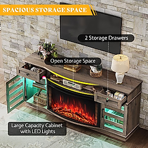 LUXOAK 70" Farmhouse Curved Fireplace TV Stand, LED Light Entertainment Center Table with 36'' Upgrade Electric Fireplace TV Console Cabinet for TVs Up to 80", Wash Grey