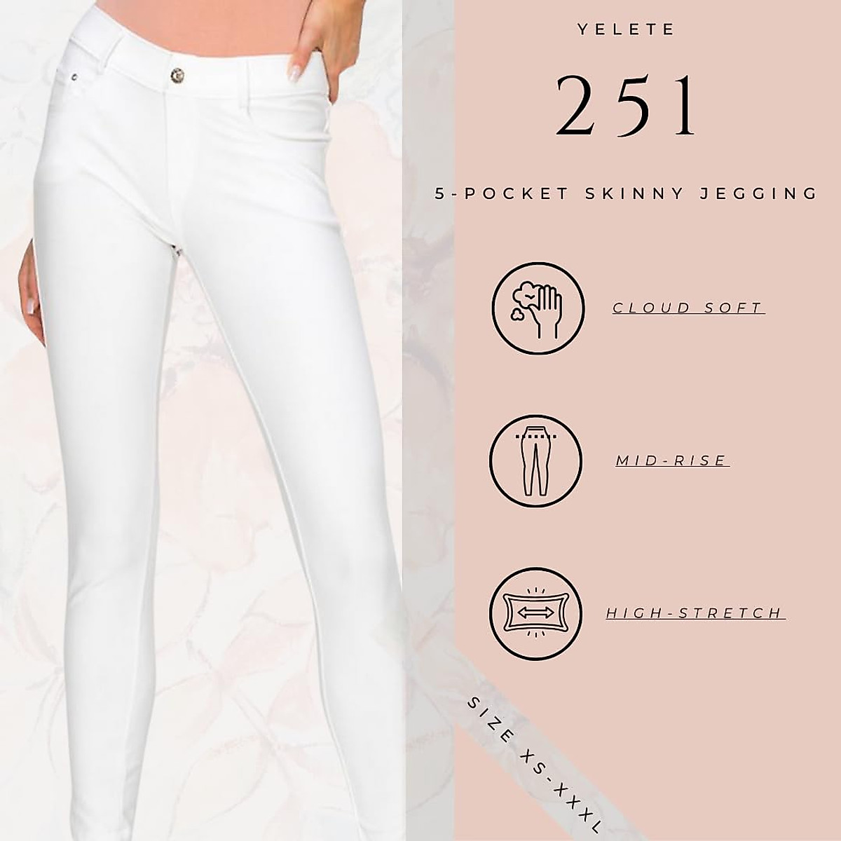 YELETE Women's Basic Five Pocket Stretch Jegging Tights Pants, White, Medium