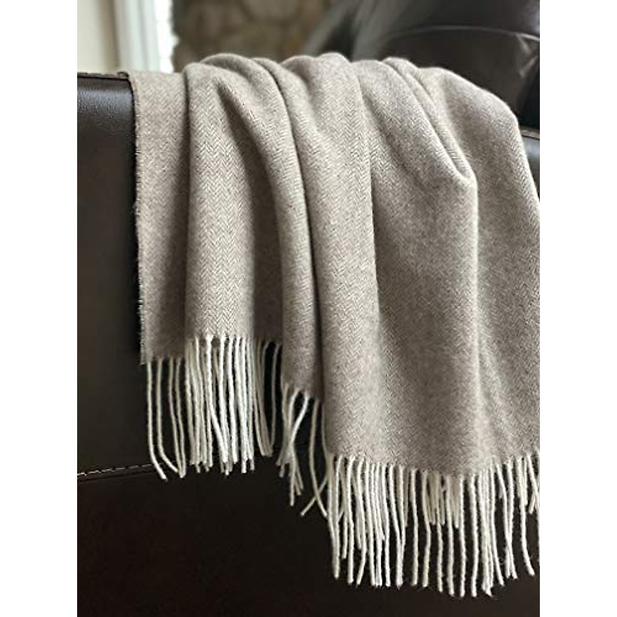 Eikei Wool Throw Blanket Geo Herringbone Pattern Oversized Couch Throw Blanket Fringe Trim Soft Merino Woolen Afghan Minimalist Style Lightweight Machine Washable (Light Beige, 55Wx78L)