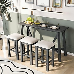 LUMISOL 4-Piece Counter Height Dining Set with 3 Barstools, Modern Pub Table Set with USB Interface and Power Socket for Small Space (Gray)