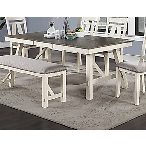 Dining Room Furniture 6pc Dining Set Table w Leaf and 4X Side Chairs 1x Bench Gray Fabric Cushion Seat White Clean Lines Wooden Table Top