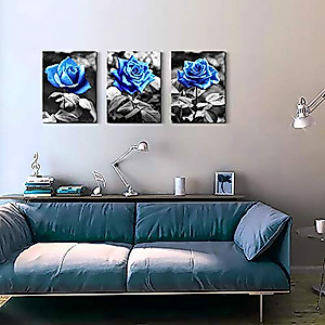 Bedroom Wall Art For Living Room Bathroom Wall Decor For Kitchen Family Pictures Artwork Black And White Blue Rose Flowers Canvas Paintings 12" X 16" 3 Pieces Framed Modern Office Home Decorations