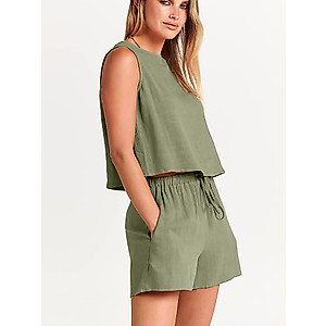 ANRABESS Women’s Summer 2 Piece Linen Shorts Sets Sleeveless Crop Top Romper Lounge Set 2024 Trendy Beach Outfits Olive Small