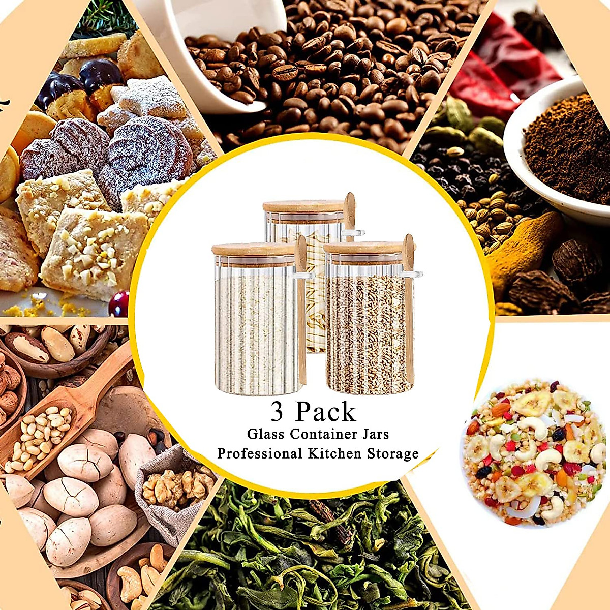 Steviieden 25 FL OZ Large Airtight Glass Jars with Bamboo Spoons Lids Overnight Oats Container Decorative Coffee Bar Food Storage Jar Cereal Nuts Salts Coffee Tea Flour Sugar Container Spice Jars