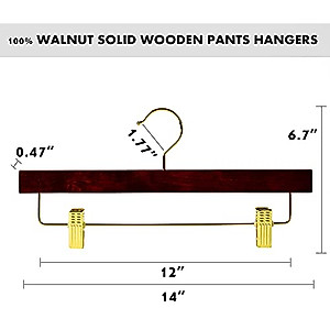 HUMIA 28 Pack Walnut Wooden Pants Hangers with Gold Hook, Solid Wood Skirt Hanger Trousers Bottom Hangers with 2 Adjustable Gold Clips, Clothes Hanger for Jeans, Shorts, Slacks (Walnut, 28)