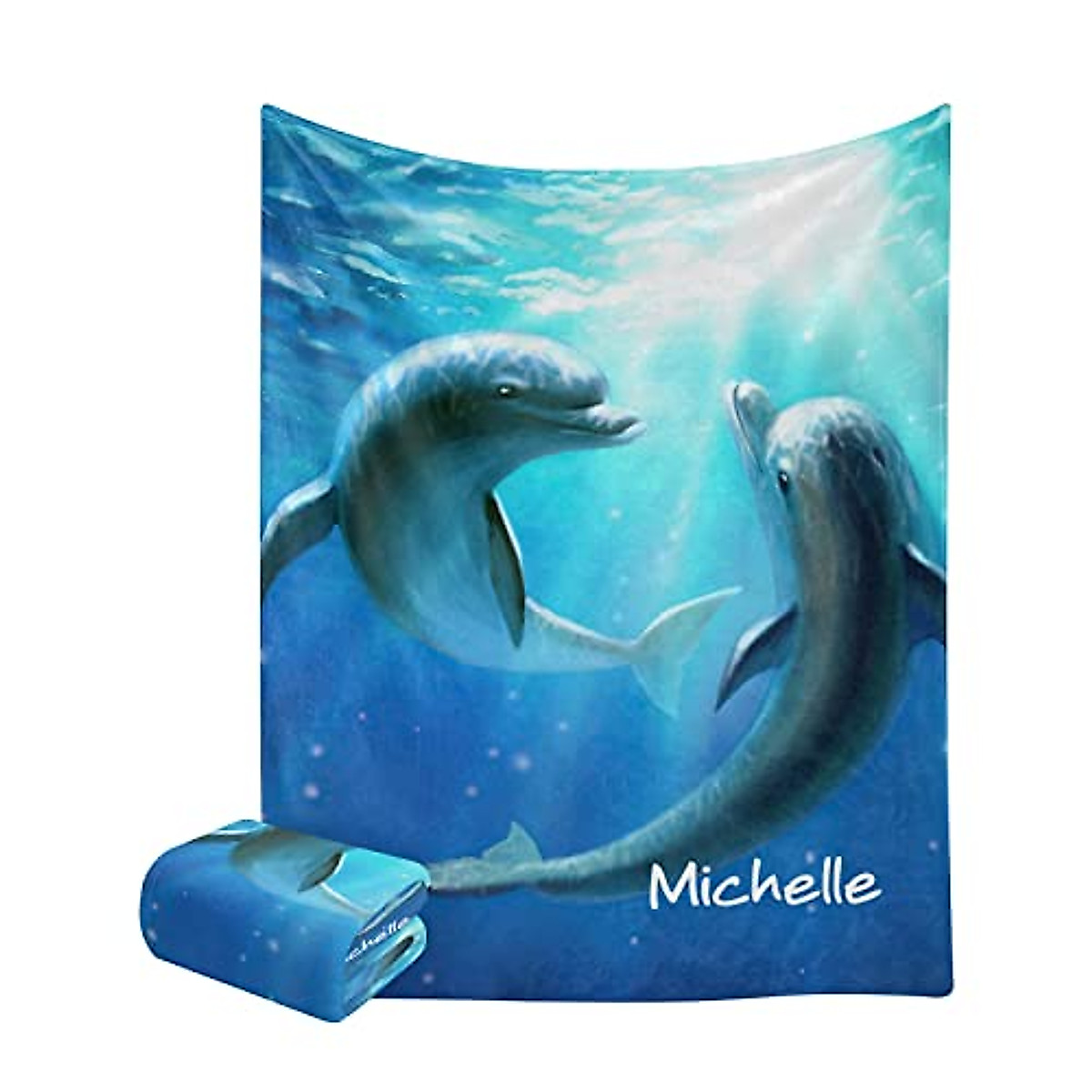 Dolphins Deep Ocean Personalized Blanket with Name Text Custom Comfort Super Soft Cozy Fleece Fashion Throw Blankets for Wedding Birthday Gift 50x60 Inch
