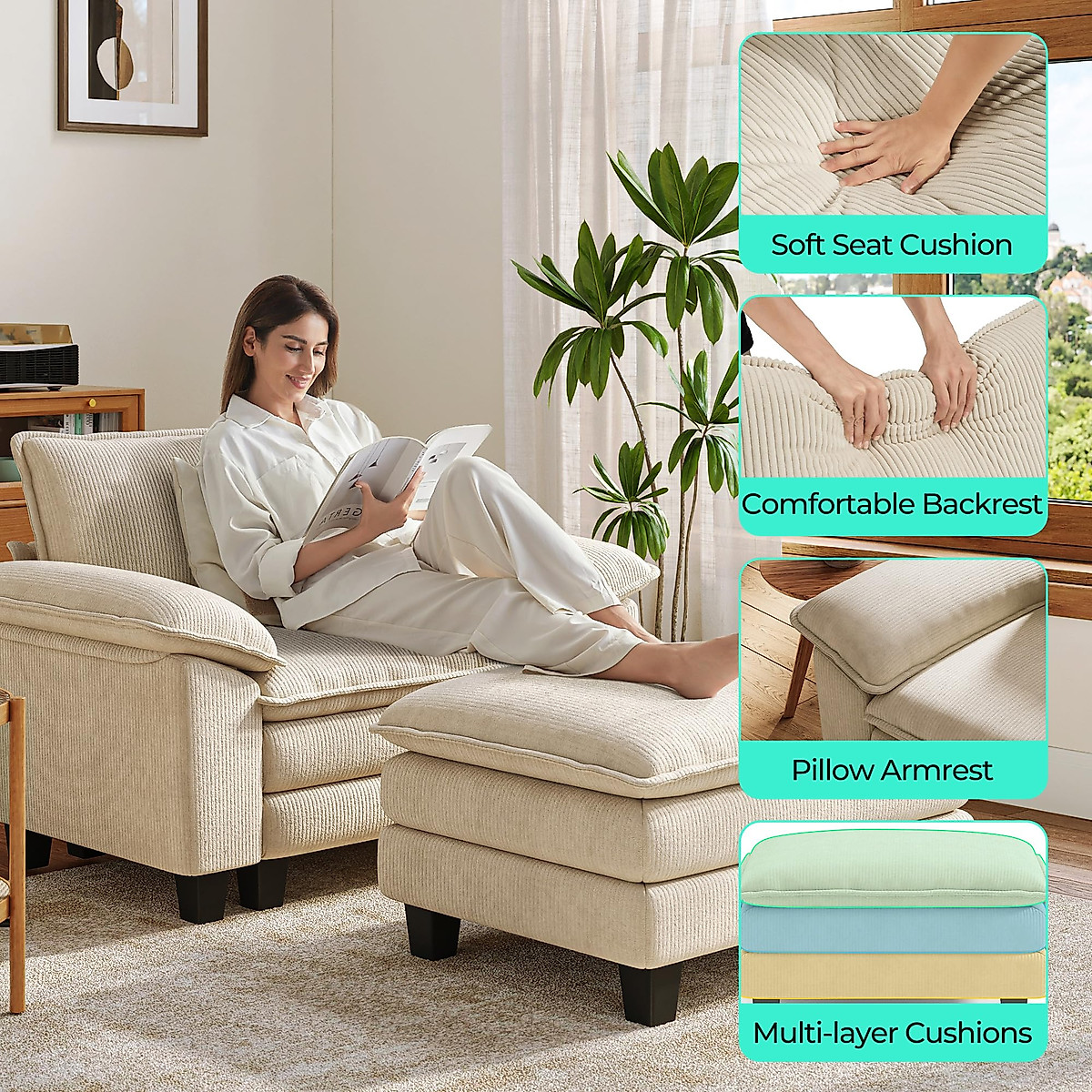 LINSY HOME Sofa Chair with Movable Ottoman - Corduroy Cloud Couch Chair Soft Comfy Modern Sofa Chaise Set Single Sleeper Chair Bed for Living Room Apartment Office (Beige, 1-Seat & 1-Ottoman)