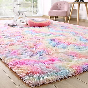 Ompaa Soft Fluffy Rainbow Kids Rug for Girls Bedroom Carpets, 4x6 Feet, Pastel Unicorn Room Decor, Kawaii Tie Dye Rugs for Teens Dorm Aesthetic, Shaggy Nursery Area Rug for Baby Toddler Princess Room