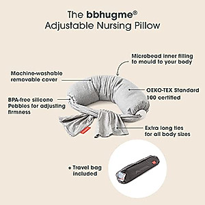 bbhugme Adjustable Nursing Pillow - Breastfeeding, Bottle Feeding, Baby Support - Adjustable Firmness and Fit - Washable Pillow Cover - Grey Melange