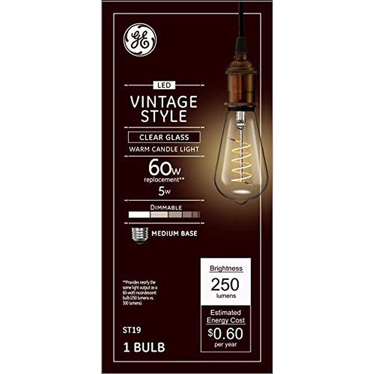 GE Lighting Vintage Edison Style LED Light Bulb, 5 Watts (60 Watt Equivalent) Warm Candle Light, Clear Glass, Medium Base, Dimmable (1 Pack)