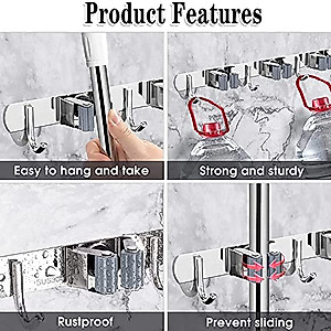 2 Packs Broom and Mop Holder Wall Mounted Garage Organizer Storage Tool Racks Heavy Duty Stainless Steel Mop Holder 4 Hooks 3 Clips, Holds up to 14 Tools for Laundry Room Garden Garage Closet Kitchen