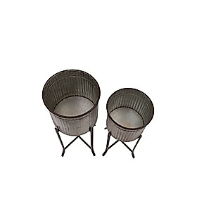 Creative Co-Op Farmhouse Round Corrugated Metal Planters on Stands, Set of 2 Sizes, Silver and Black