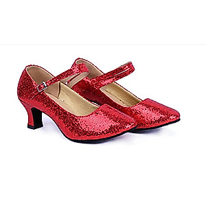 missfiona Women's Glitter Latin Ballroom Dance Shoes Pointed-Toe Y Strap Dancing Heels(6.5, Red)