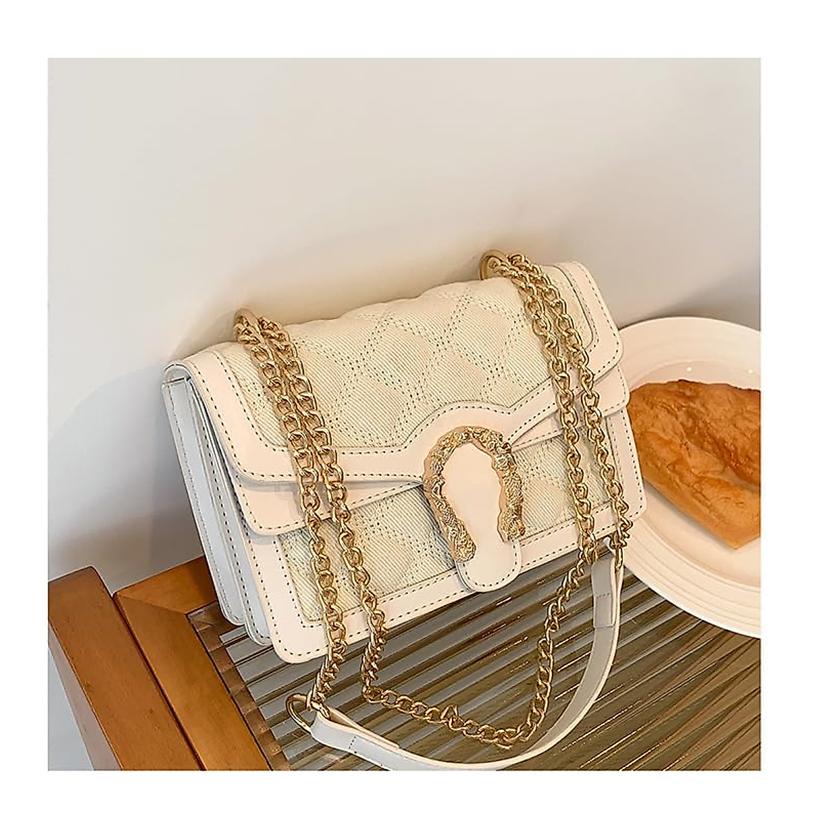 DEEPMEOW Womens Quilted Crossbody Shoulder Purse - Fashion Denim Handbag with Chain Strap Casual Mini Square Messenger Bag（White）