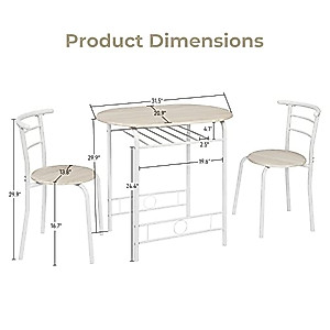 VINGLI 3 Piece Dining Set,Small Kitchen Table Set for 2,Breakfast Table Set,Kitchen Wooden Table and 2 Chairs for Small Space/Dining Room/Apartment,Metal Frame,Wine Rack,White&Light Oak
