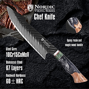 Nordic New Viking Series Professional 8 Inch Chef Knife, Damascus Chef Knife, 67 Layers, Hand Forged Chef Knife with Resin and Maple Wood Handle and Leather Sheath