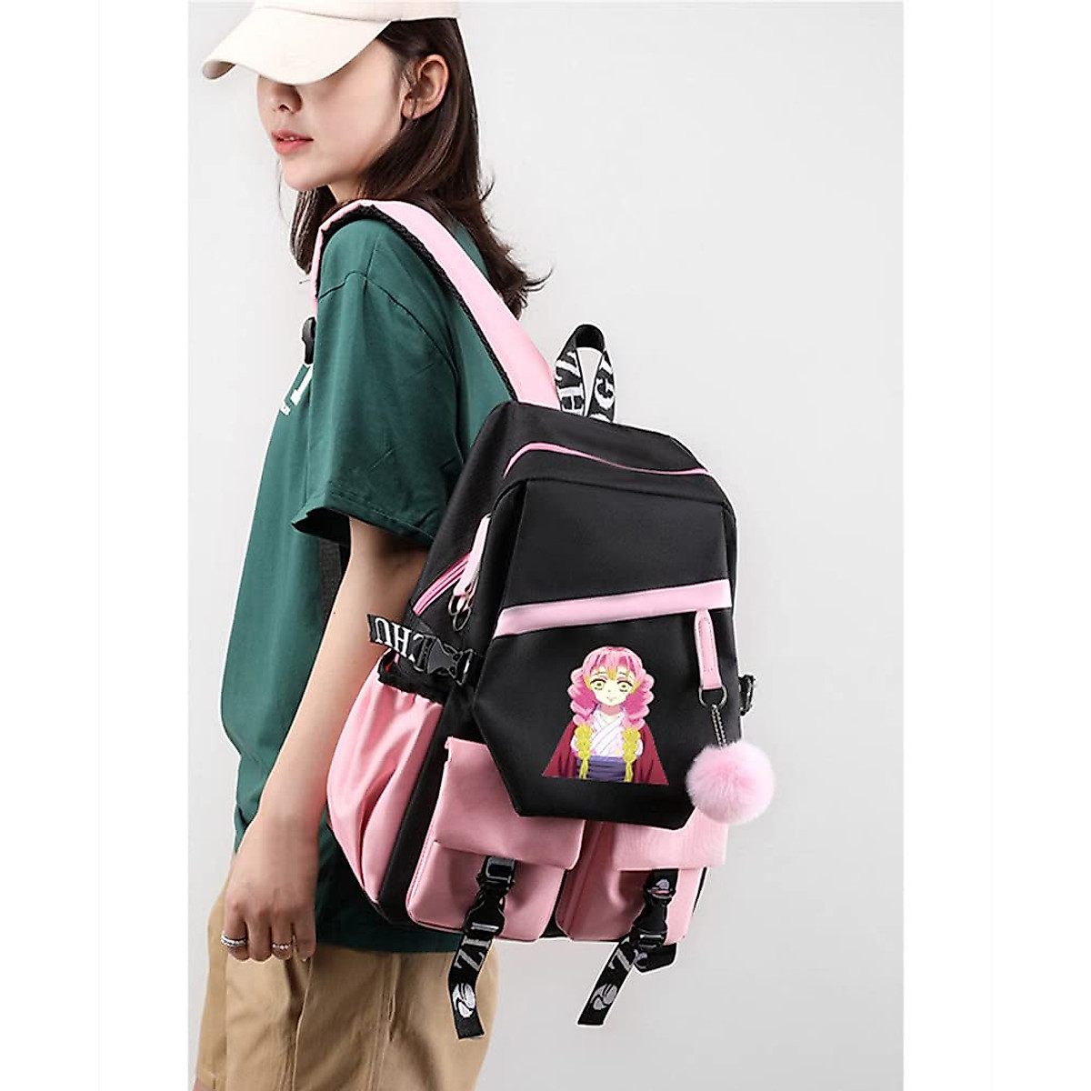 XIXISA 17 INCH Nezuko Laptop Backpack Kanroji Mitsuri Backpacks (Pink -Kanroji)