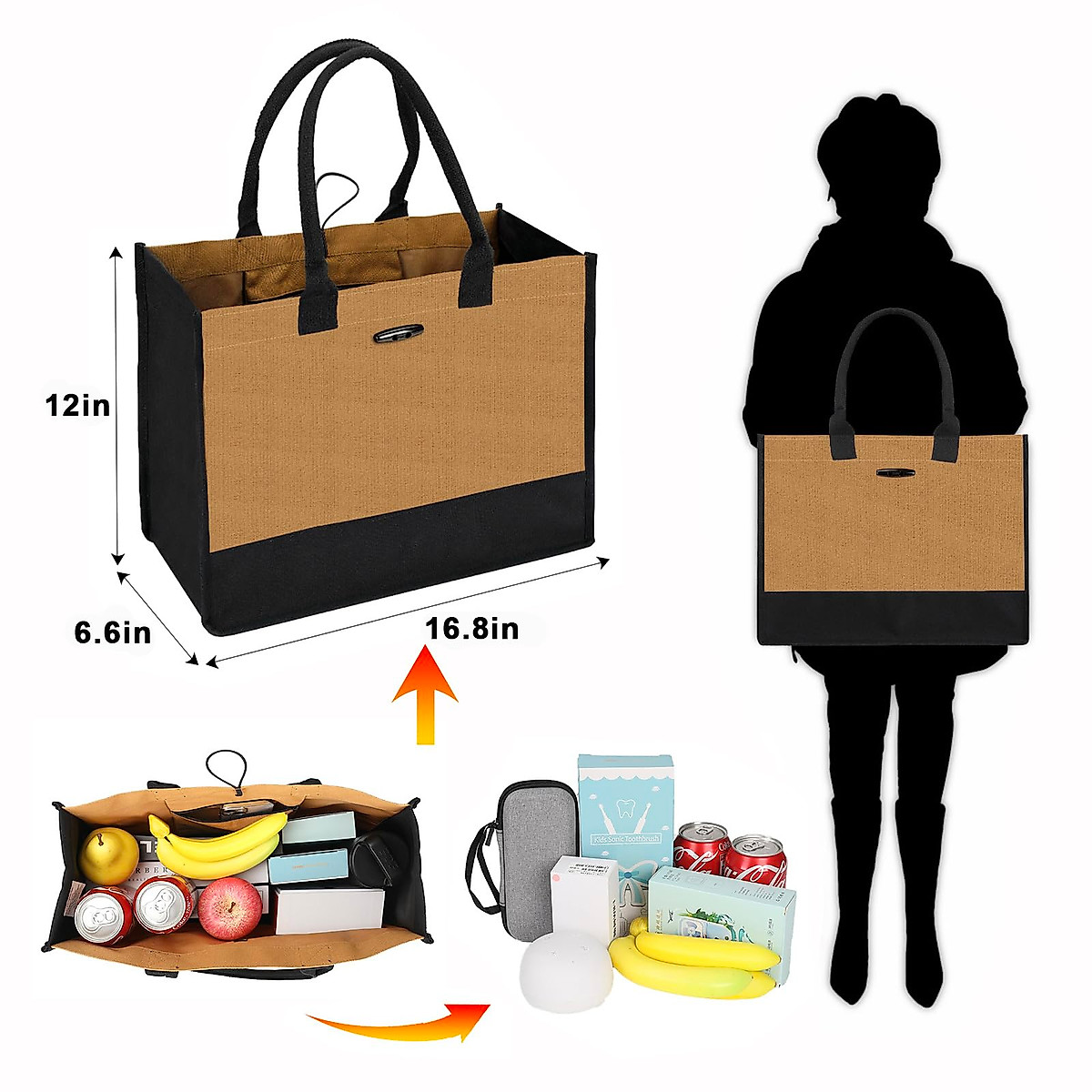 Aricsen Large Canvas Shopping Tote Bag with Handles for Women Gift Grocery Beach Holidays, Reusable Blank Clearance Eco Burlap Cloth Jute Fabric Handbag for Kitchen, Black & Brown