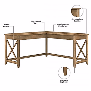 Bush Furniture Key West L Shaped Desk with 2 Drawer Mobile File Cabinet and 5 Shelf Bookcase, 60W, Reclaimed Pine