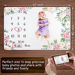 Baby Monthly Milestone Blanket - Personalized Newborn Growth Chart - Customized Soft Fleece Photography Background - Includes Premium Heart, Frame and Pink Bow Headband. 60" X 40"