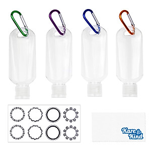 Kare & Kind Clear Portable Travel Bottles - 4x Empty Bottles with Flip Top Caps, 4x Carabiner, 1x Sticker Label Sheets - up to 50 ML -For Hand Sanitizers, Disinfectant Alcohol, Liquids, Toiletries