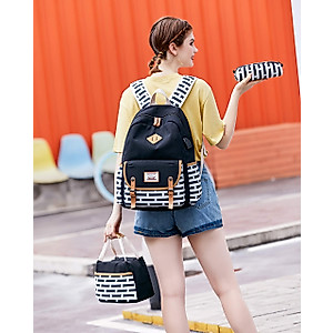 BAGTOP School Canvas Backpack Set - 15" Laptop Backpack with USB Charger Port Travel Daypack Bookbag + Drawstring Backpack + Purse/Clutch Pouch(Black-4)