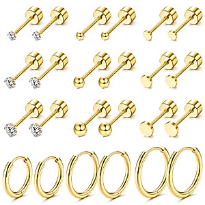 LOYALLOOK Gold Plated Cartilage Earrings Tiny Stud Earrings Stainless Steel Earring Sets for Multiple Piercings Small Huggie Hoop Earrings CZ Ball Flat Back Earrings for Women, Gold
