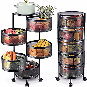 Lucklycabin Kitchen Storage Rack-Rotating Vegetable Rack Floor-Standing Multi-Layer Movable Organizer, Household Shelf for Living Fruit Snack Stand (5F, Black)