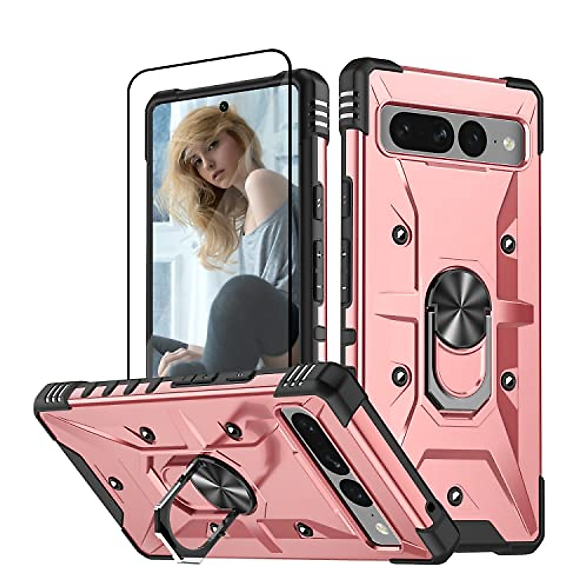 Compatible with Google Pixel 7 PRO Case with [2 Pack] HD Screen Protector,360 Ring Kickstand,Military Grade Heavy Duty Shockproof Hybrid Hard Protective Phone Case Google Pixel 7 PRO Pink