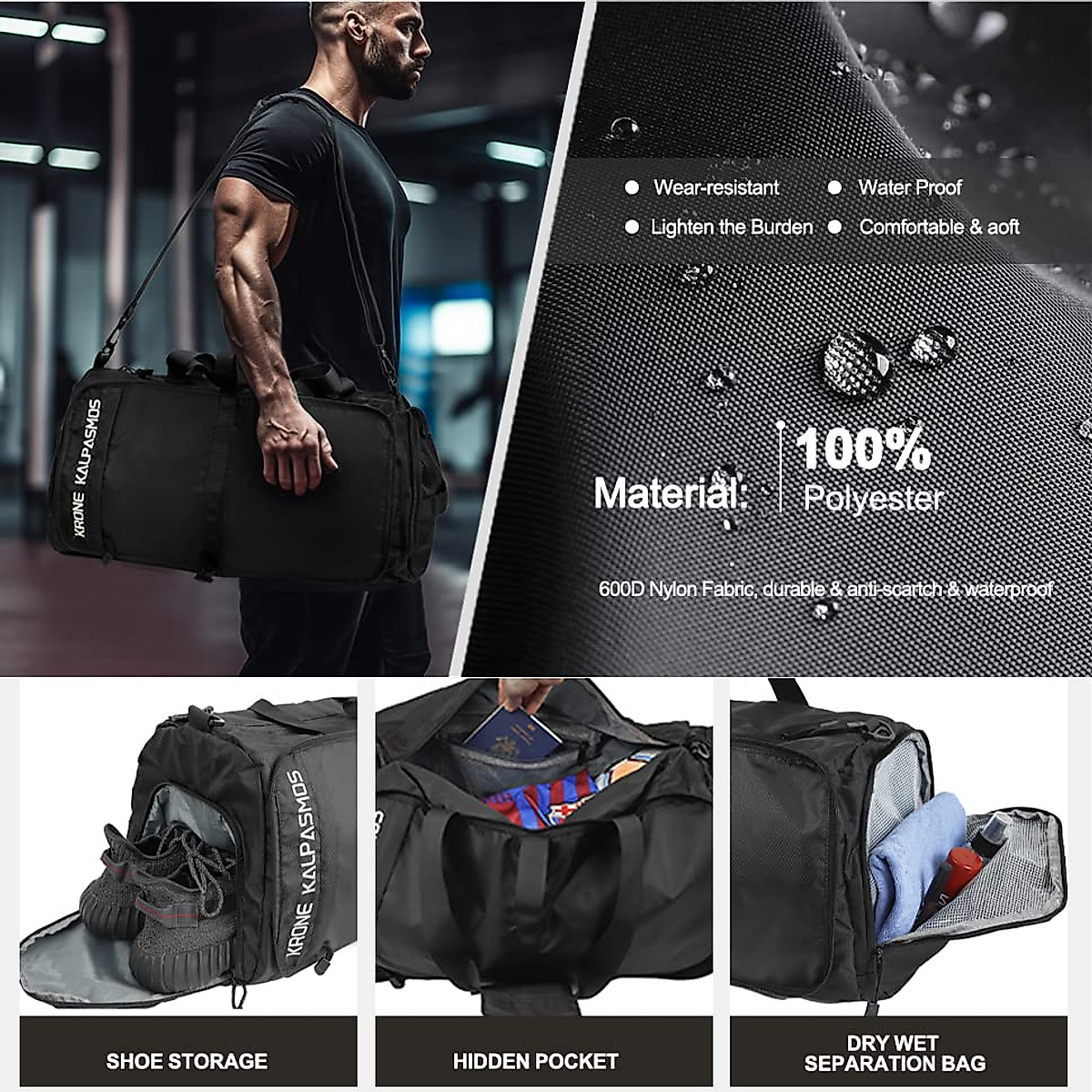 Krone Kalpasmos Small Gym Bag, Packable Sports Bag for Men, Gym Bags for Men with Shoe and Wet Pocket, Lightweight Waterproof Travel Duffel Bag (Black)