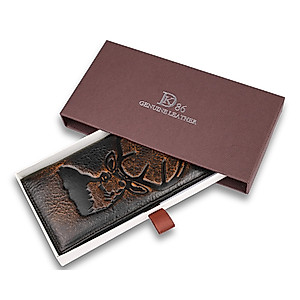 DK86 Deer Long Wallet For Men Full Grain Leather with Hand Burnished Rfid Blocking Rodeo Wallet Bifold Wallet Deer Wallet, Black and Orange