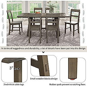 Merax 7-Piece Retro Industrial Style Extendable Dining Table Set with 18” Leaf and Six Wooden Chairs, Gray+Brown